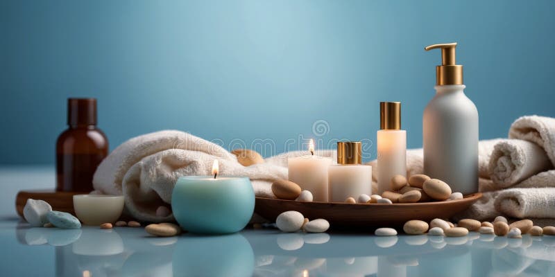 Assorted Spa Items Arranged on a Light Blue Background. Stock Photo ...