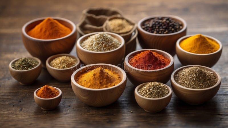 Assorted Spices in Wooden Bowls on Rustic Table. Stock Illustration ...