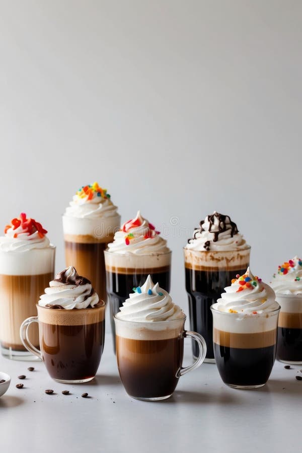 Assortment of Coffee Drinks with Whipped Cream and Toppings. Stock ...