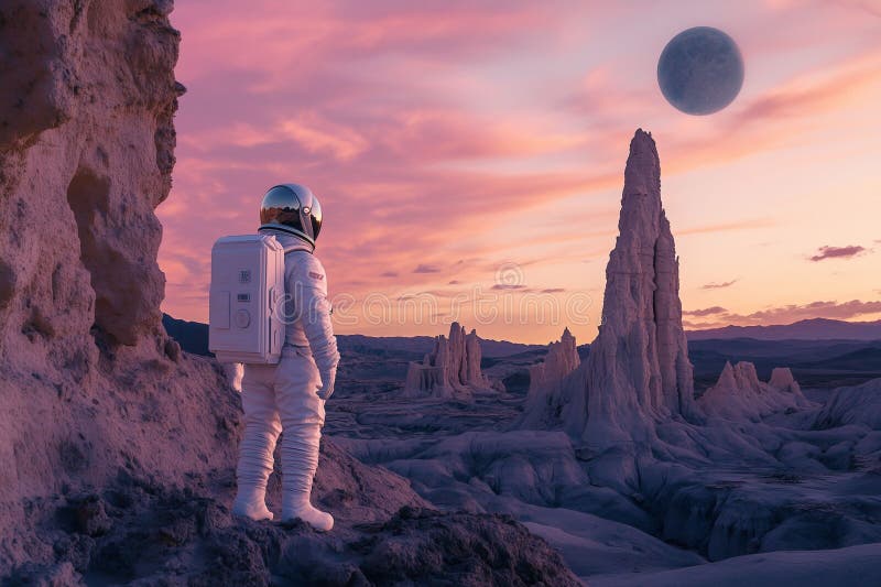 Astronaut on Alien Landscape at Sunset. Stock Illustration ...