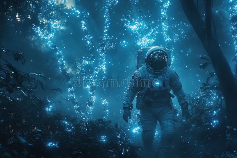 Astronaut in a Mystical Glowing Forest Stock Illustration ...