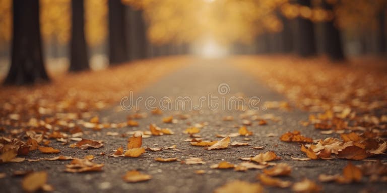 Autumn Pathway Covered with Fallen Leaves Featuring Soft Lighting and a ...
