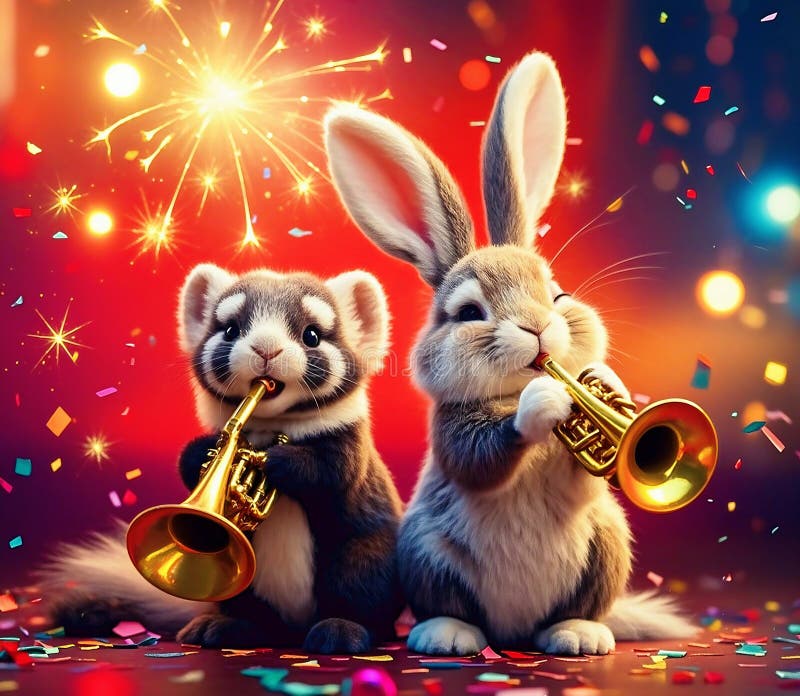 A Baby Rabbit and a Weasel are Enthusiastically Celebrating the New ...