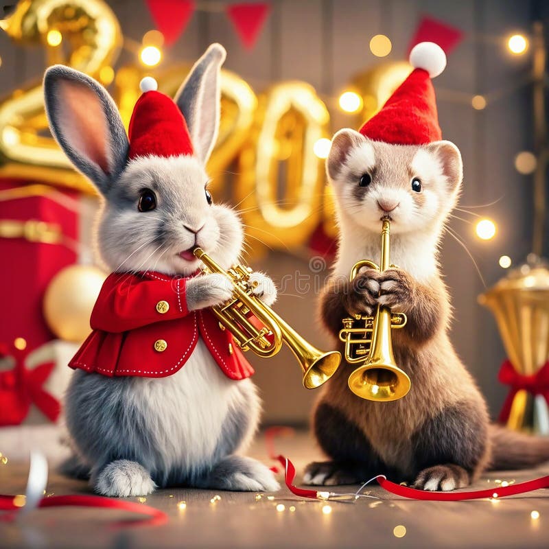 A Baby Rabbit and a Weasel are Enthusiastically Celebrating the New ...