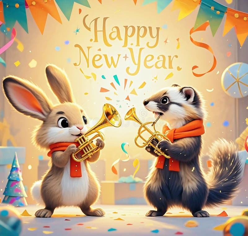 A Baby Rabbit and a Weasel are Enthusiastically Celebrating the New ...