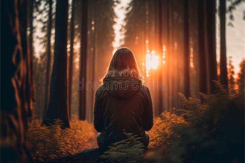 AI Generated Back View of Woman Walking through a Lush Forest Stock ...