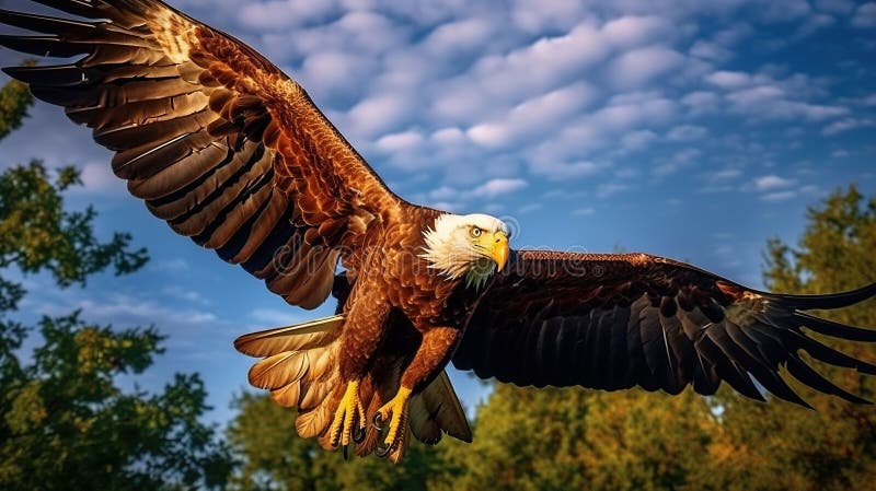 AI Generated Bald Eagle Flying Over Trees Stock Image - Image of bald ...