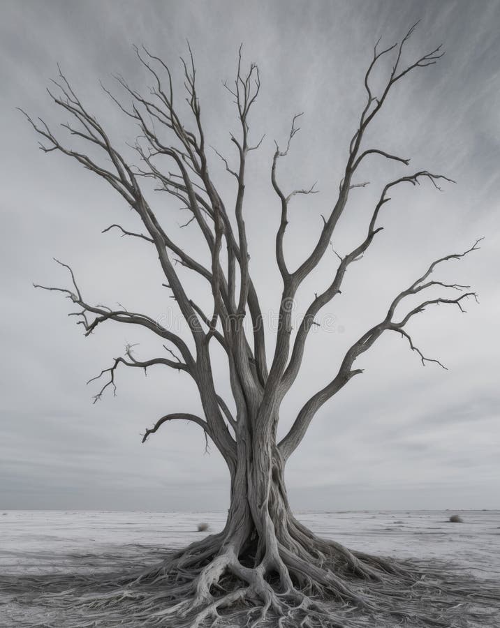 Barren Landscape with Twisted Root of a Withered Tree. Stock Image ...