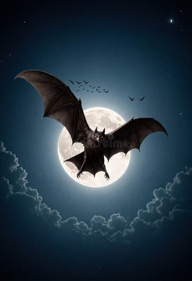 A Bat Flying in the Night Sky with a Full Moon Stock Illustration ...