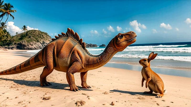Rabbit Confronting Dinosaur on Beach Stock Illustration - Illustration ...