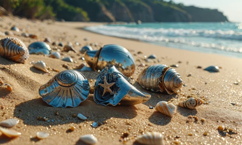 A Collection of Shells are on the Beach, Including a Star Shell. Stock ...