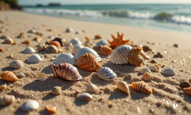 A Beach Scene with Shells on the Sand. Stock Illustration ...