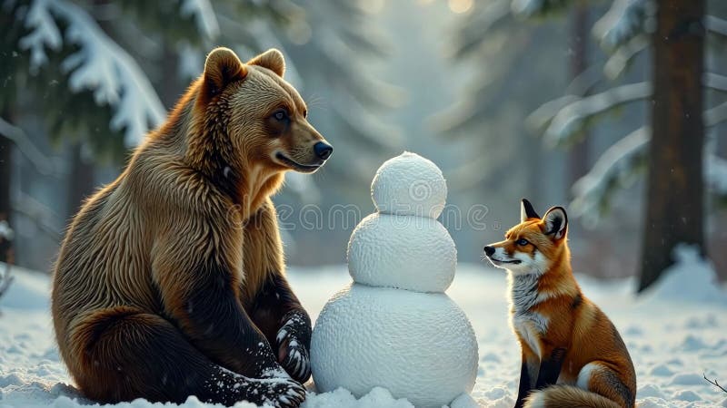 A Bear and Fox Make Snowman in Forest Winter, Wild Animal Sit Snow. AI ...