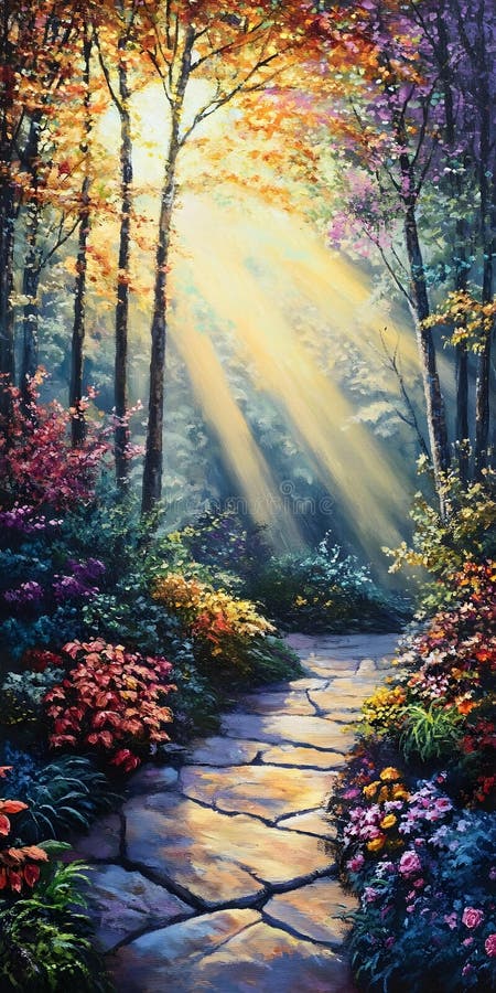 Sunlit forest pathway stock illustration. Illustration of outdoors ...