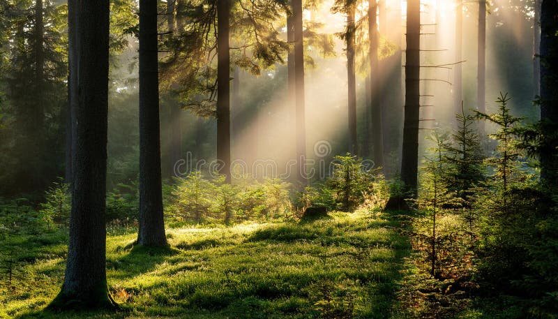 Beautiful Rays of Sunlight Filtering through Trees in a Deep Green ...