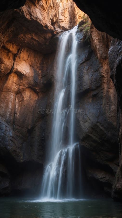 Beautiful Tall Waterfall Hidden in a Cave. Stock Photo - Image of ...