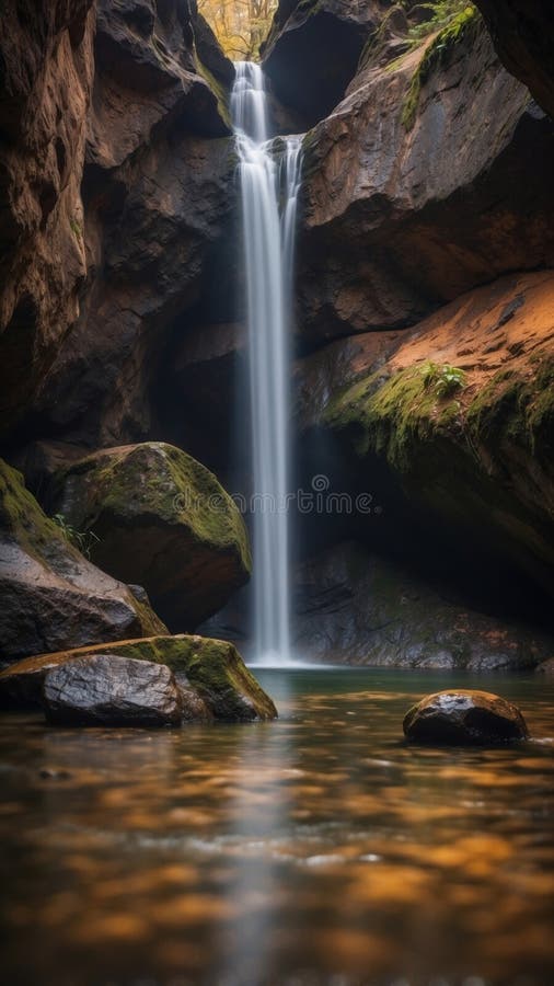 Beautiful Tall Waterfall Hidden in a Cave. Stock Image - Image of tall ...