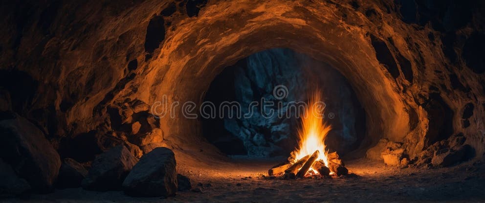 Beautiful View of an Empty Cave and a Fire Burning in the Tunnel. Stock ...
