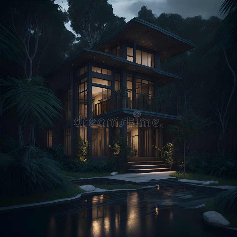 Ai Generated a Beautifully Illuminated House at Night Stock ...