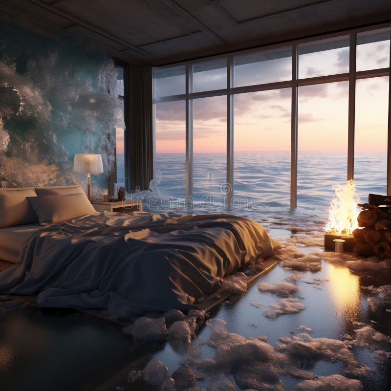 AI Generated Bedroom Interior with Large Windows Stock Illustration ...
