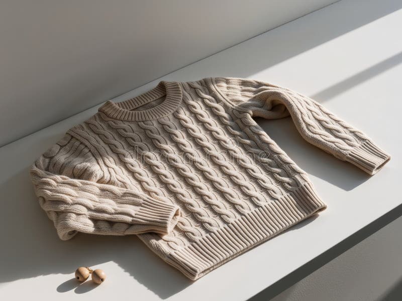 Beige Cable Knit Sweater Flat Lay Display Stock Photo - Image of fabric ...