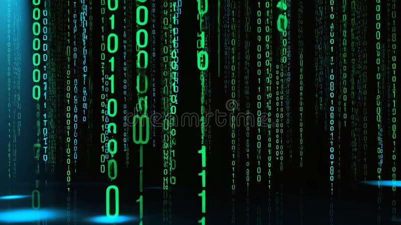 Digital Rain of Binary Code Falling with Spotlights on a Dark ...