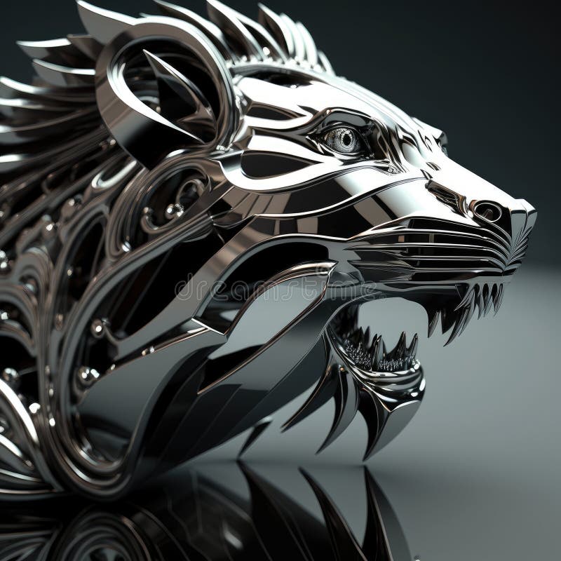 AI Generated a Biomechanical Lion Head in Mirror-like Polished Chrome ...