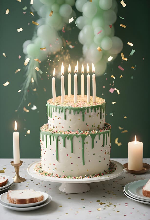 A Birthday Cake with Confetti Raining Down on the Table Stock Illustration - Illustration of ...