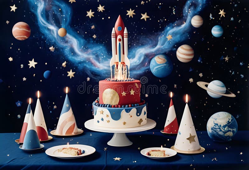 A Birthday Cake with a Rocket on it and Space Themed Decorations Stock ...