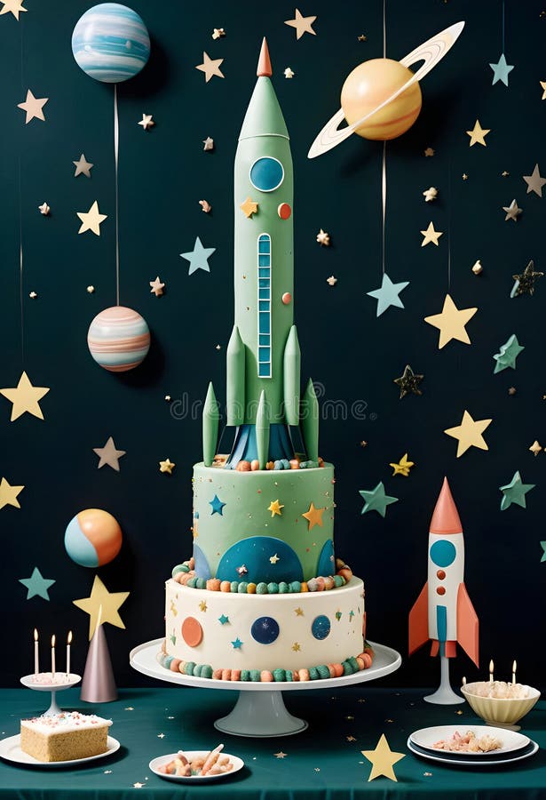 A Birthday Cake with a Rocket on Top and a Space Theme Decorations ...