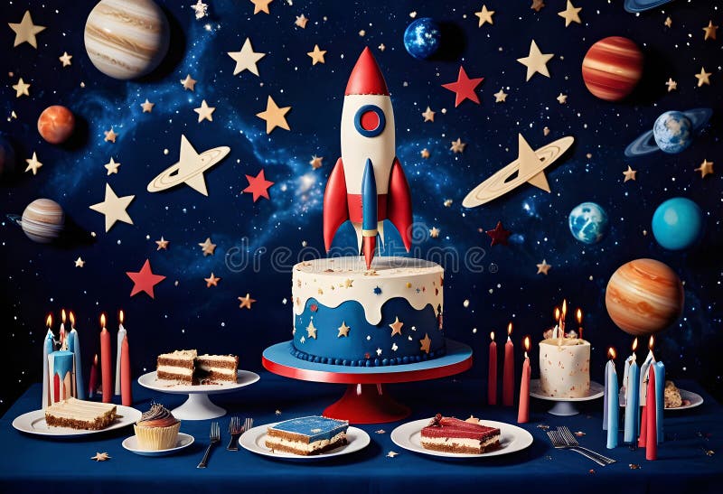 A Birthday Cake with a Rocket on Top and Space Themed Decorations Stock ...