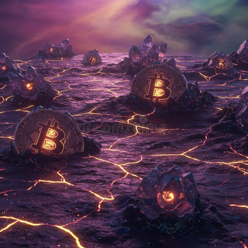 AI Generated Bitcoin Coins on Lava-Like Surface with Crystal Structures ...