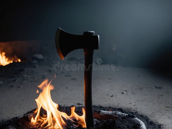 A Black Axe Rests in the Ashes of a Burning Fire. Stock Illustration ...