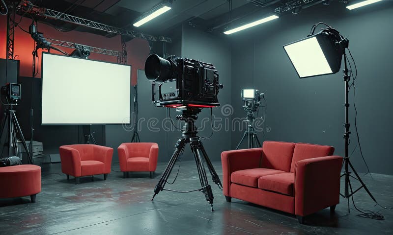 A Room with a Projector Screen and a Red Couch. Stock Illustration ...