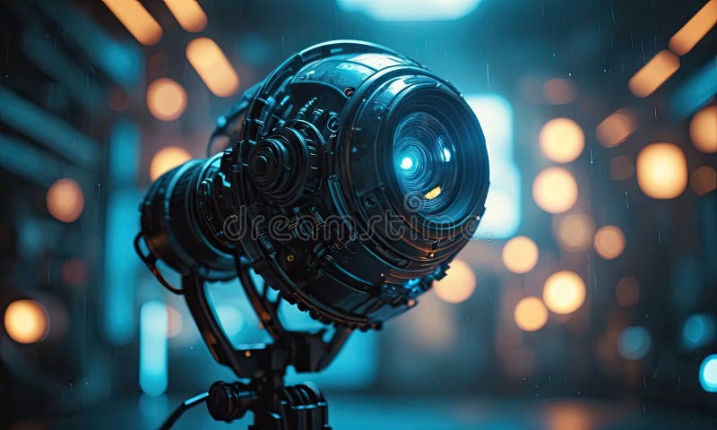 A Camera with a Blue Light on the Lens is on a Tripod. Stock ...