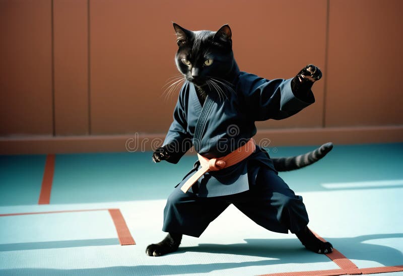 Black Cat in Karate Uniform Striking a Pose Stock Illustration ...