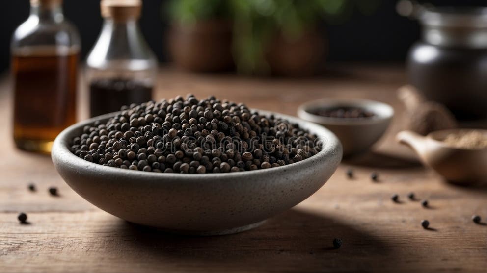 Black Pepper in a Stone Bowl on a Rustic Table. Stock Illustration ...