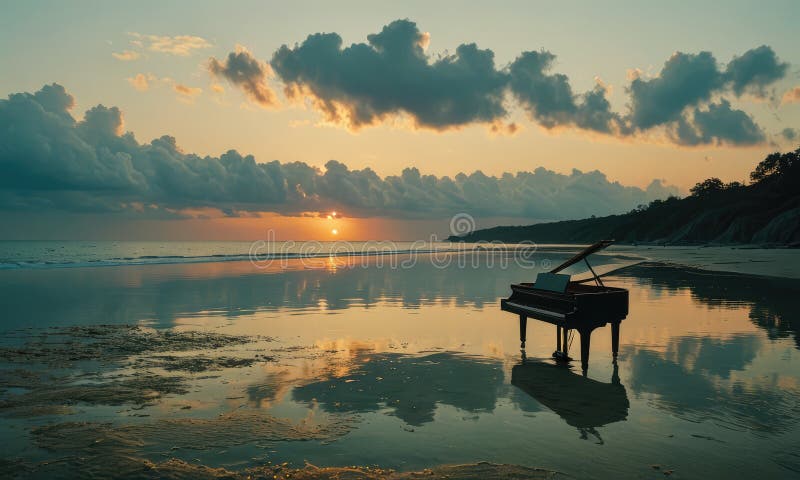 A Piano is Sitting on the Beach at Sunset. Stock Illustration ...