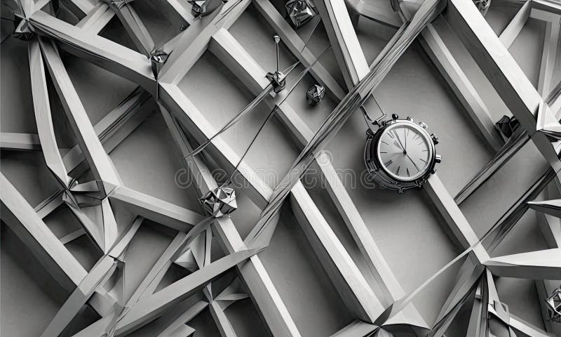 A Clock is Mounted on the Wall in the Middle of a Pattern of Metal Rods ...