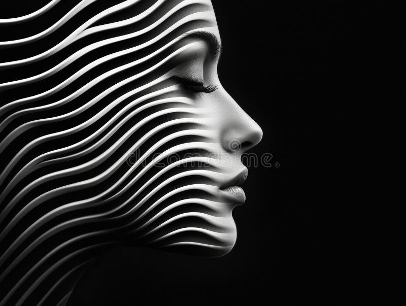 Black and White Side Profile of Face with Swirling Horizontal Lines ...