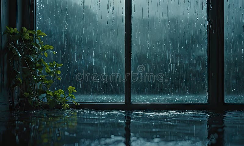 A Plant Sits in Front of a Window with Rain Falling Outside. Stock ...