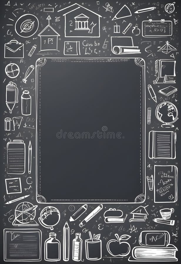 A Blackboard with a Frame Drawing Surrounded by School Supplies ...
