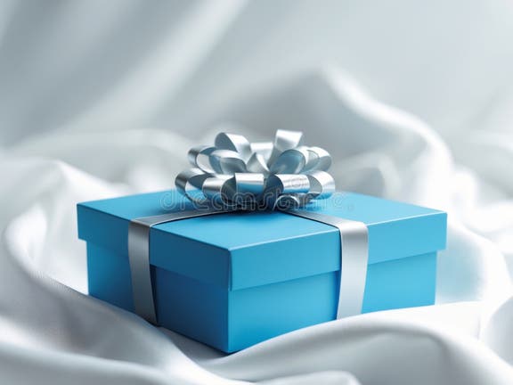 A Blue Box with a Silver Bow on Top of it Stock Image - Image of bright ...