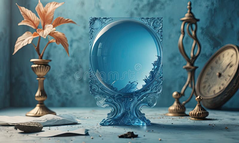 A Blue Mirror Sits on a Table Next To a Clock and a Vase with Flowers ...