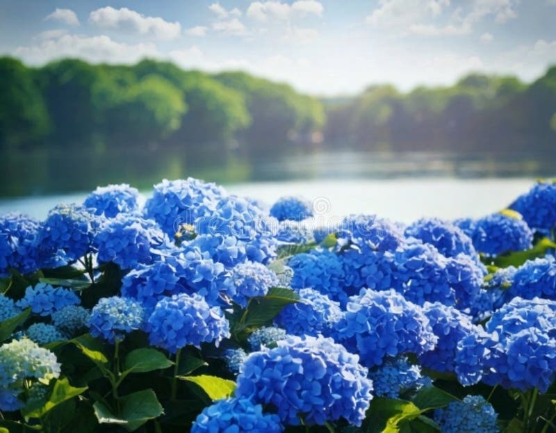 AI-generated Blue Hydrangeas Blooming Along the River Stock Image ...