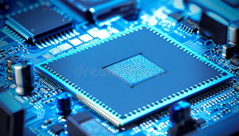 AI Generated Blue Motherboard Surrounded by Other Electronic Chips ...