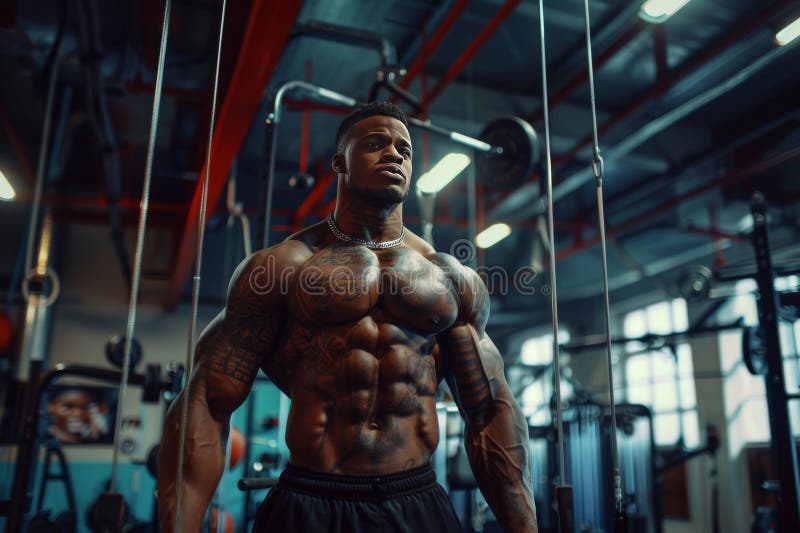 Bodybuilder Showcasing Muscle Definition during a Weightlifting Session ...