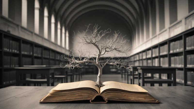 Book with Tree Growing from Pages in a Library Setting during Evening ...