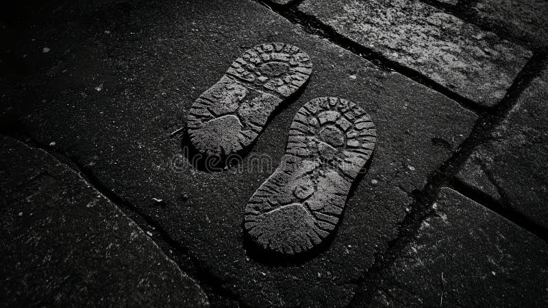 Boot Prints are Clearly Visible on a Dark, Textured Concrete Pavement ...