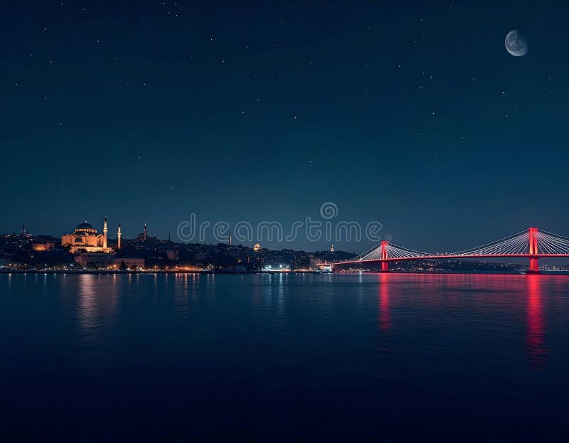 The Bosphorus Bridge at Night with the Moon in the Sky Stock ...